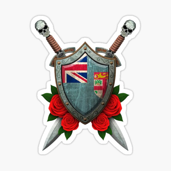 "Fiji Flag on a Worn Shield and Crossed Swords" Sticker by JeffBartels ...