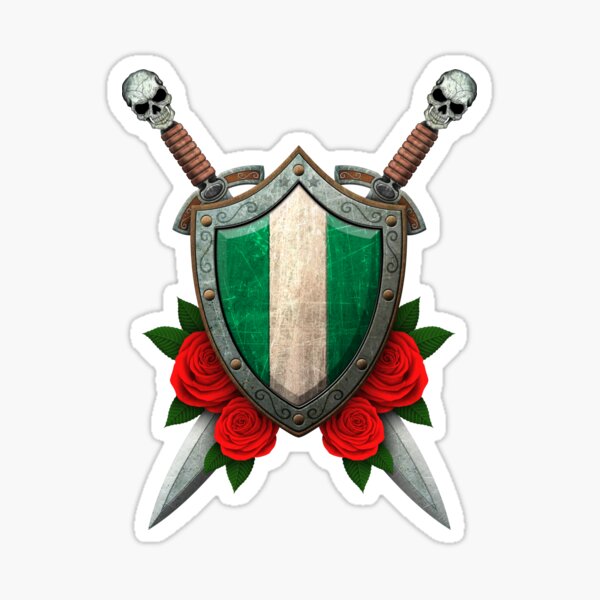 "Nigerian Flag on a Worn Shield and Crossed Swords" Sticker by ...