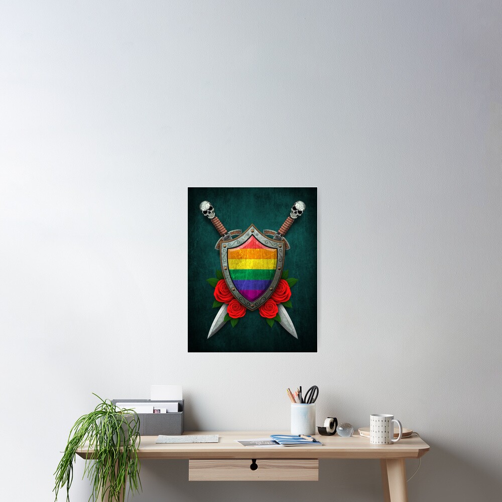 "Gay Pride Rainbow Flag on a Worn Shield and Crossed Swords" Poster by ...