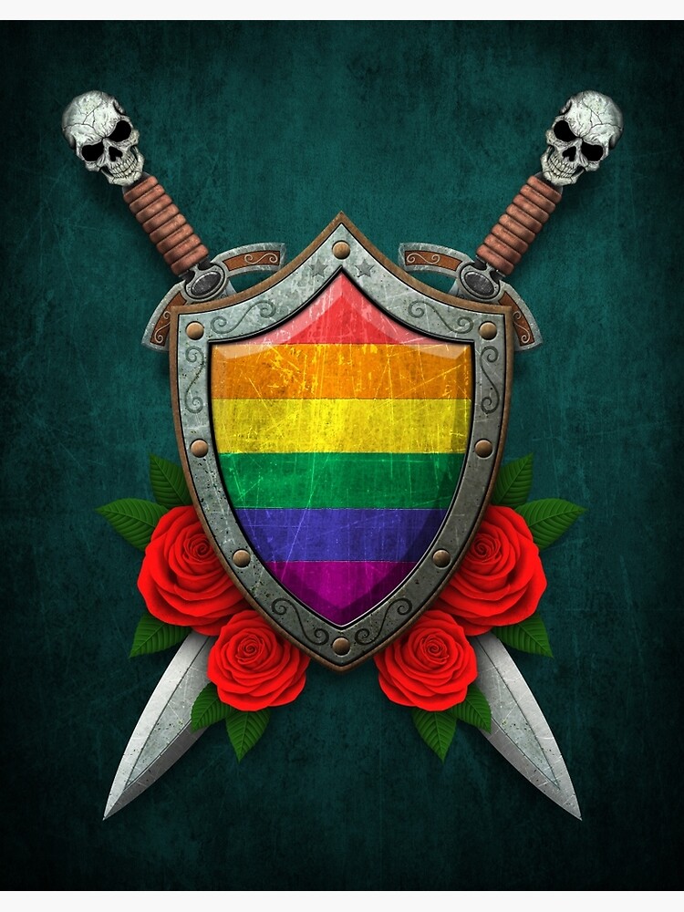 "Gay Pride Rainbow Flag on a Worn Shield and Crossed Swords" Poster by ...