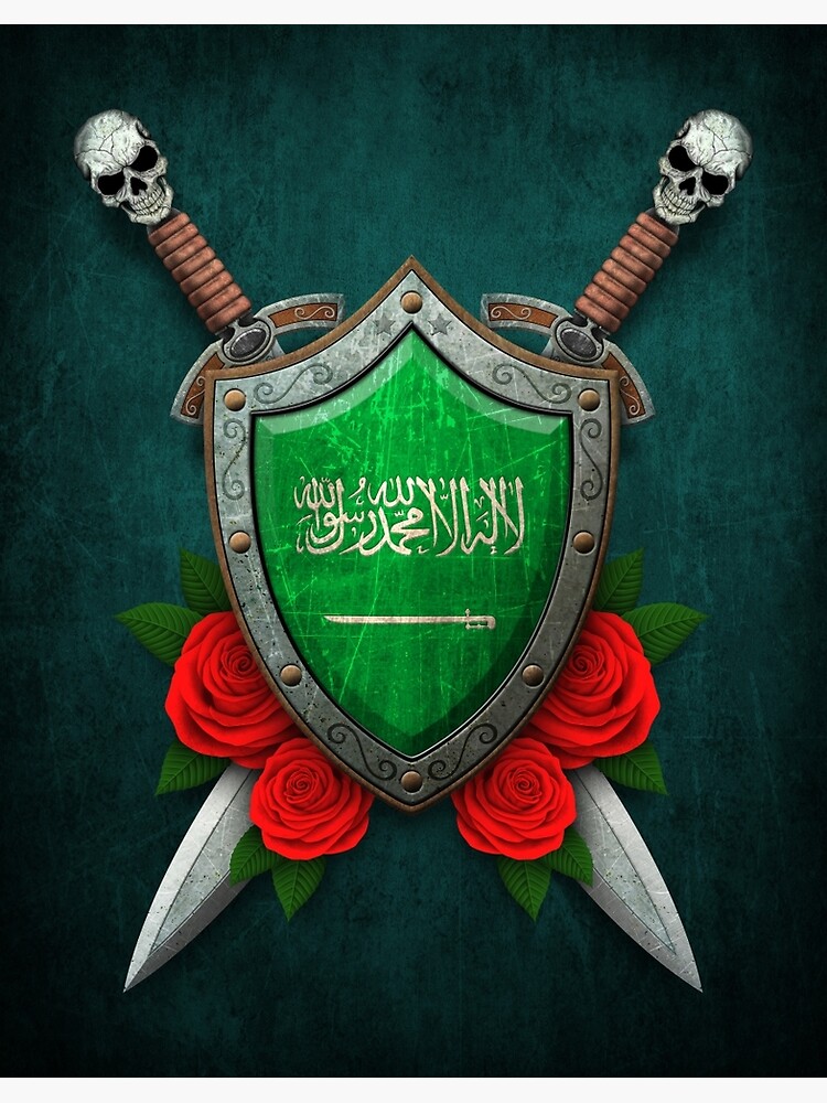 "Saudi Flag on a Worn Shield and Crossed Swords" Poster by JeffBartels ...