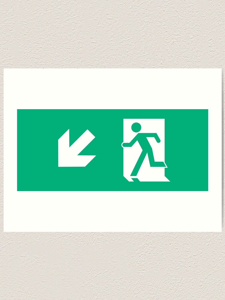 "Running Man Exit Sign, Left Hand Arrow Diagonally Down" Art Print for ...