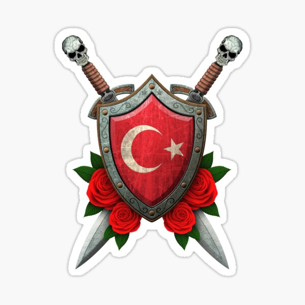 "Turkish Flag on a Worn Shield and Crossed Swords" Sticker by ...