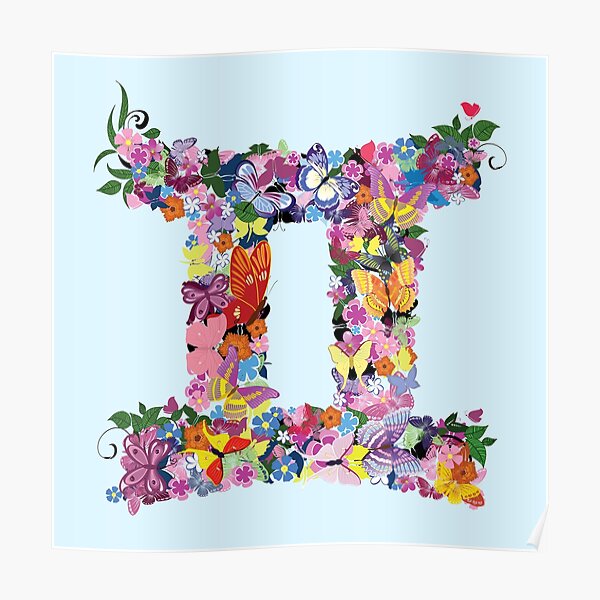 "Gemini Colourful Flowers and Butterfly Zodiac Star Sign" Poster for ...