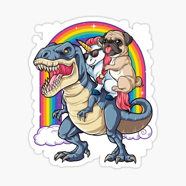 "Pug Unicorn Dinosaur T rex T shirt Kids Girls Women Rainbow" Sticker ...