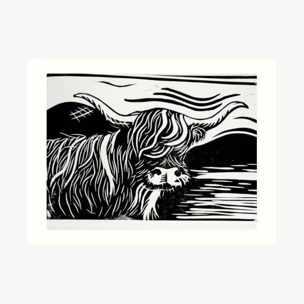 "Highland Cow Lino Print Black and White" Art Print for Sale by CSSART ...