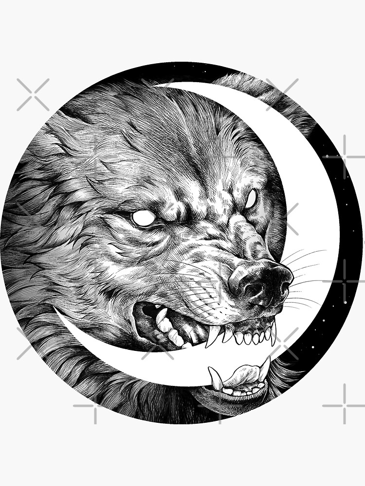 "Wolf eating Crescent Moon" Sticker for Sale by Varg Massari | Redbubble