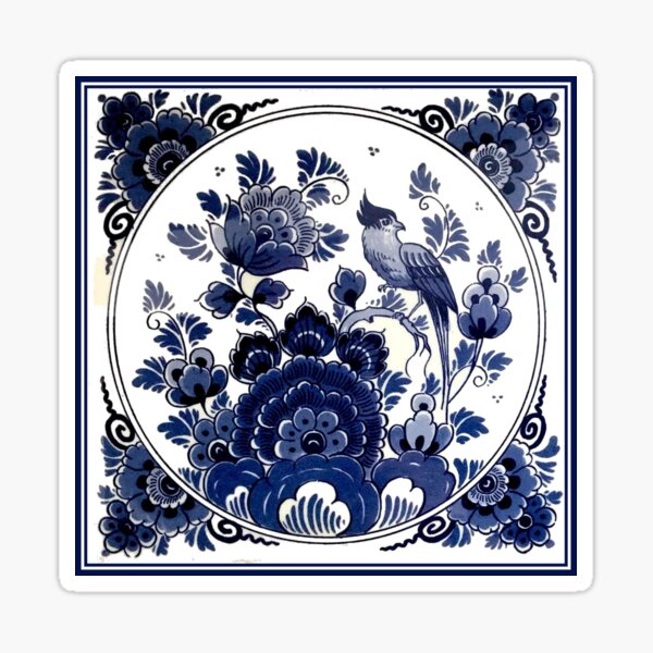 "DUTCH BLUE DELFT : Vintage Blue Bird and Flowers Print" Sticker by ...