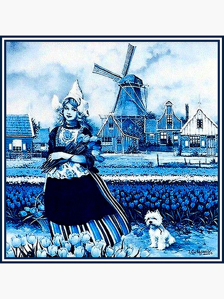 "DUTCH BLUE DELFT : Vintage Windmill, Young Girl, Dog and tulips Print" Poster by posterbobs ...