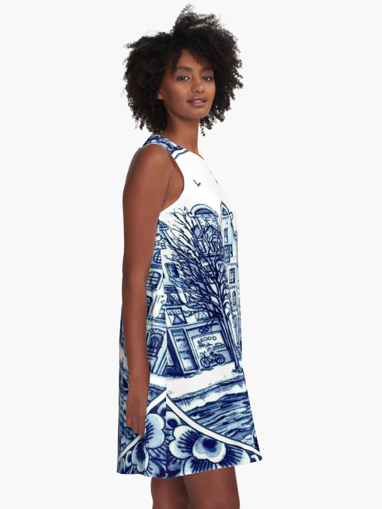 " DUTCH BLUE DELFT : Vintage Boats in Canal Amsterdam Print" A-Line Dress for Sale by posterbobs ...
