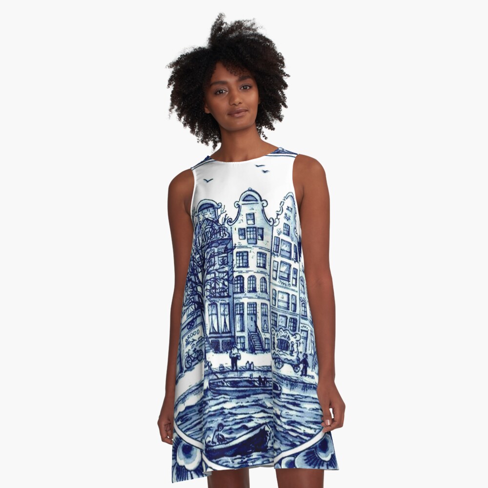 " DUTCH BLUE DELFT : Vintage Boats in Canal Amsterdam Print" A-Line Dress for Sale by posterbobs ...