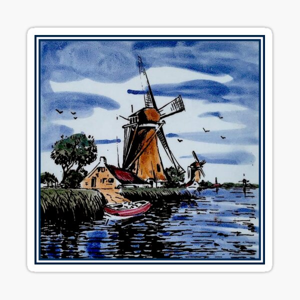 " DUTCH BLUE DELFT : Vintage Colorful Windmills and boat on River Print ...