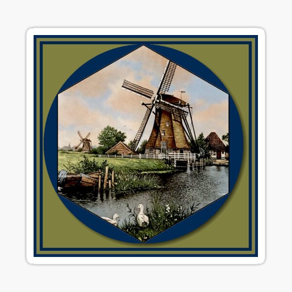 " DUTCH BLUE DELFT : Vintage Colorful Windmills and Ducks on River ...