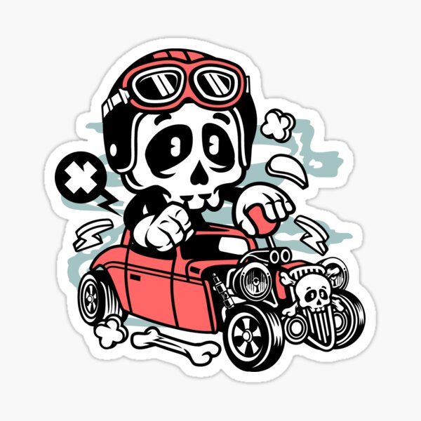 "Hot Rod Skull Cartoon Character - fun art design illustration" Sticker ...