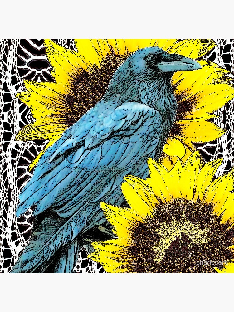 BLUE CROW & SUNFLOWERS NATURE DRAWING Premium Matte Vertical Poster ...