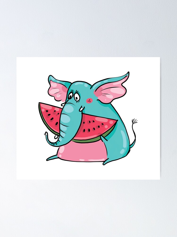 "Funny Cute Blue Elephant Eating Watermelon" Poster by AnastasiaDesign ...