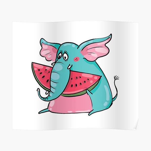 "Funny Cute Blue Elephant Eating Watermelon" Poster by AnastasiaDesign ...