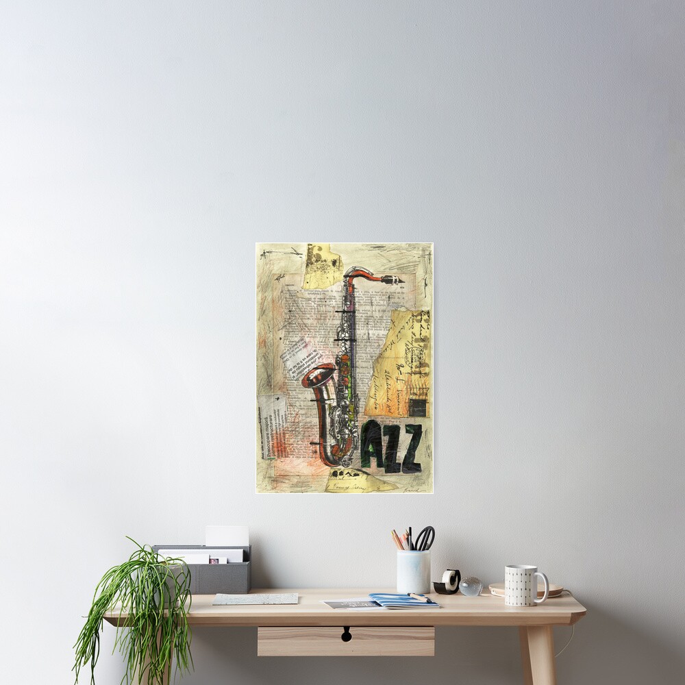 "Jazz collage art poster drawing painting saxophone music face mask ...