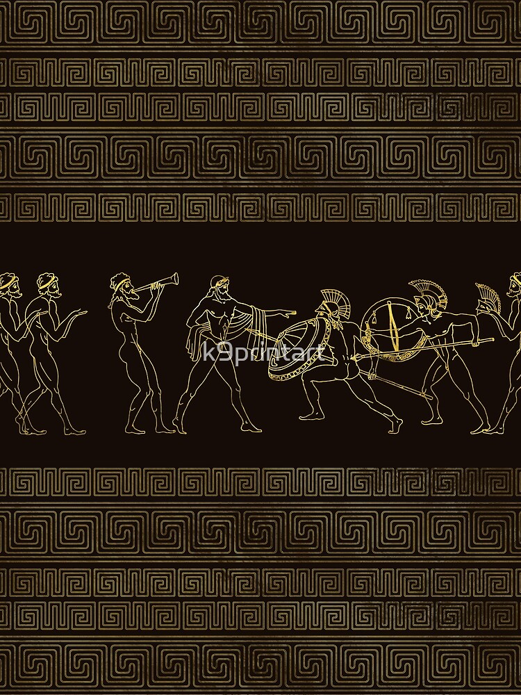 "Ancient Sparta Greece scene on greek pattern" Graphic T-Shirt for Sale ...