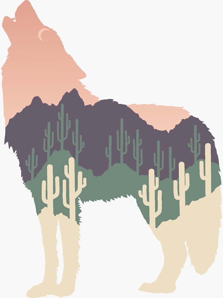 "Desert Cactus Wolf Howl" Sticker by HartArtUSA | Redbubble