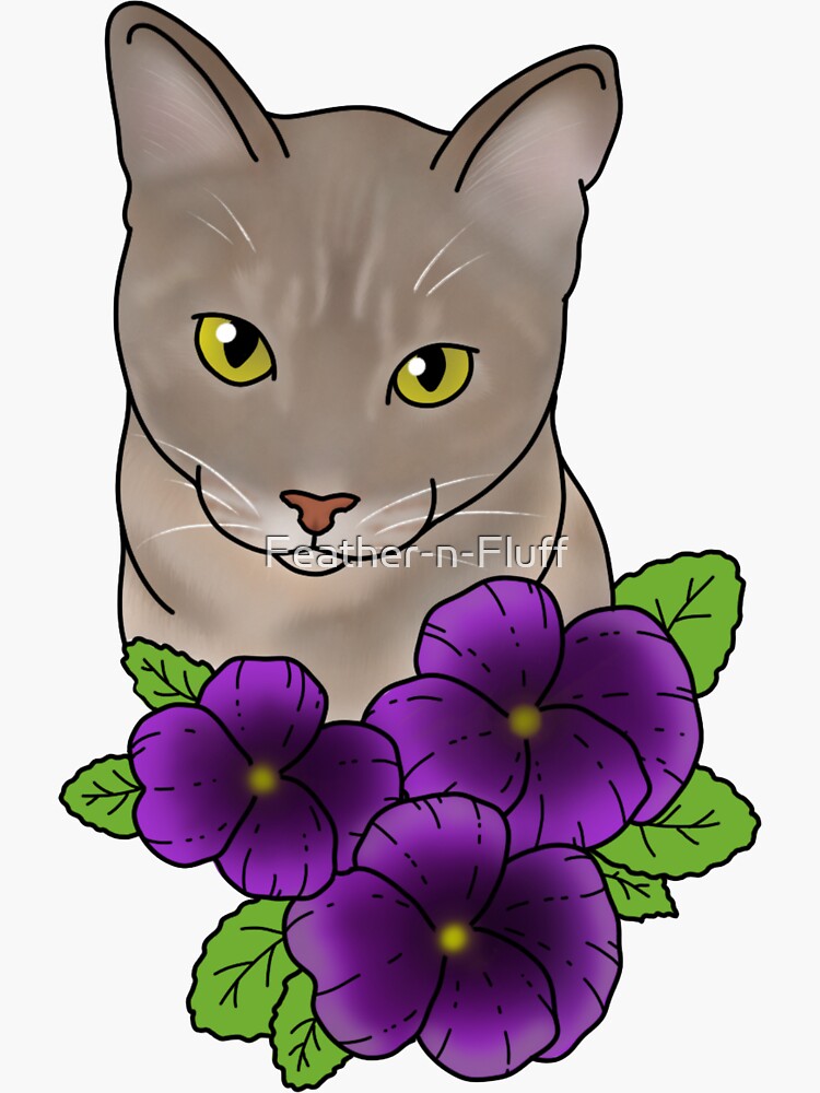 "Cat with Violets" Sticker by Feather-n-Fluff | Redbubble