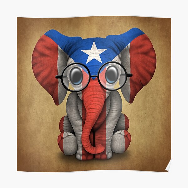 "Baby Elephant with Glasses and Puerto Rican Flag" Poster by ...