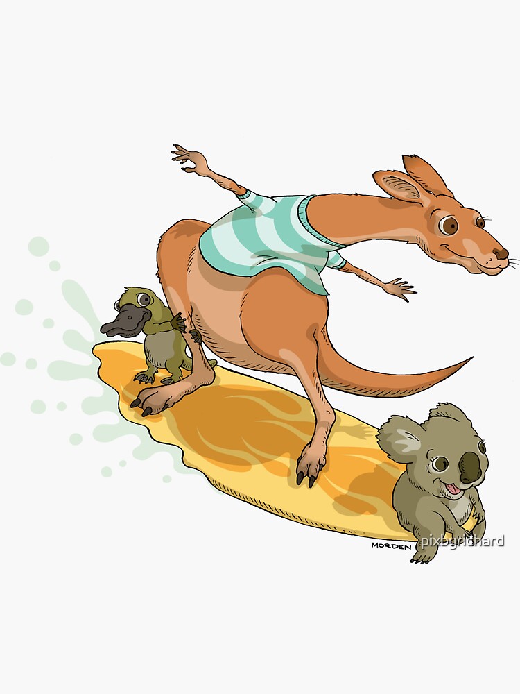 "Surfing kangaroo and friends" Sticker for Sale by pixbyrichard | Redbubble