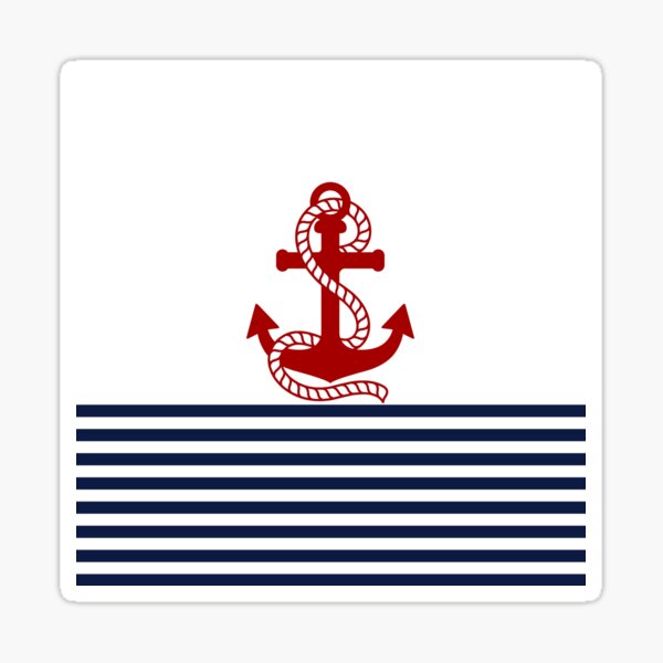 "Nautical navy blue and white stripes with a red anchor" Sticker by ...