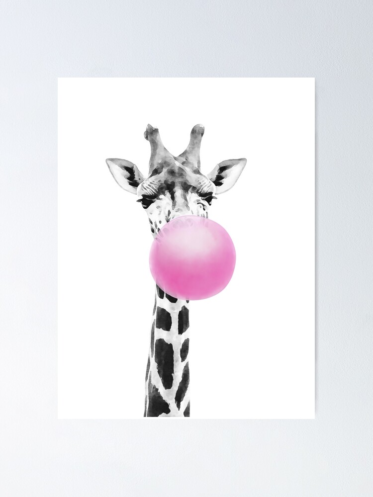 "Bubblegum Blowing Giraffe, Pink Bubble Animal" Poster for Sale by ...