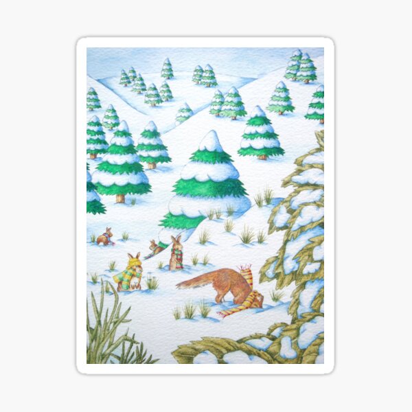 "cute fox and rabbits christmas snow scene" Sticker for Sale by ...