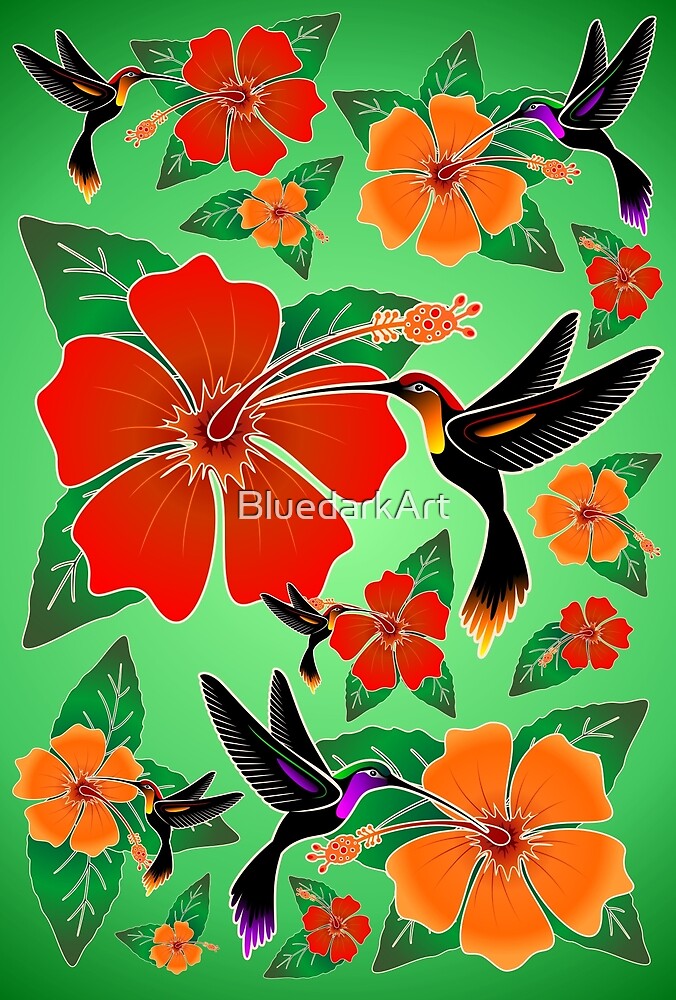 "Hummingbird and Hibiscus Batik Pattern" by BluedarkArt | Redbubble