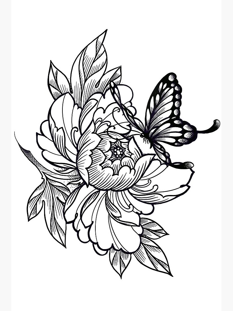 "Tattoo style peony and butterfly" Art Board Print for Sale by Morag ...