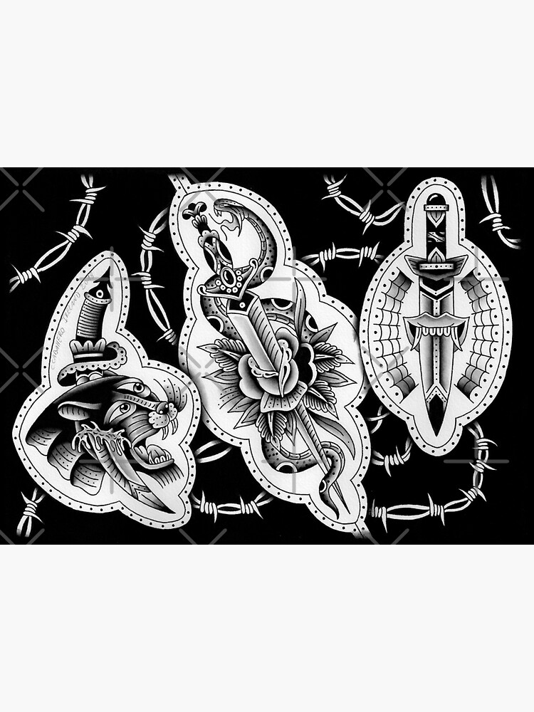 "Tattoo flash dagger, snake and rose, panther and dagger" Sticker for ...