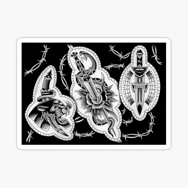 "Tattoo flash dagger, snake and rose, panther and dagger" Sticker for ...