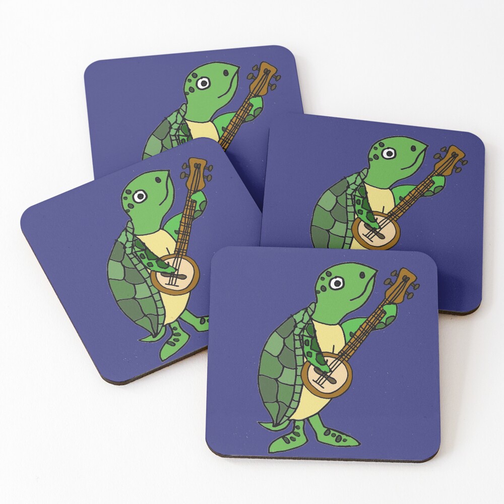 "Cute Sea Turtle Playing Banjo Cartoon" Coasters (Set of 4) for Sale by ...