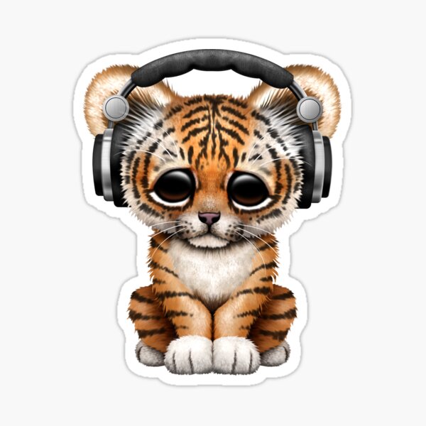 "Cute Tiger Cub Dj Wearing Headphones on Blue" Sticker for Sale by ...