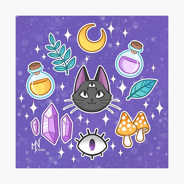 "Witchy Cat Pattern White" Photographic Print by kattvalk | Redbubble