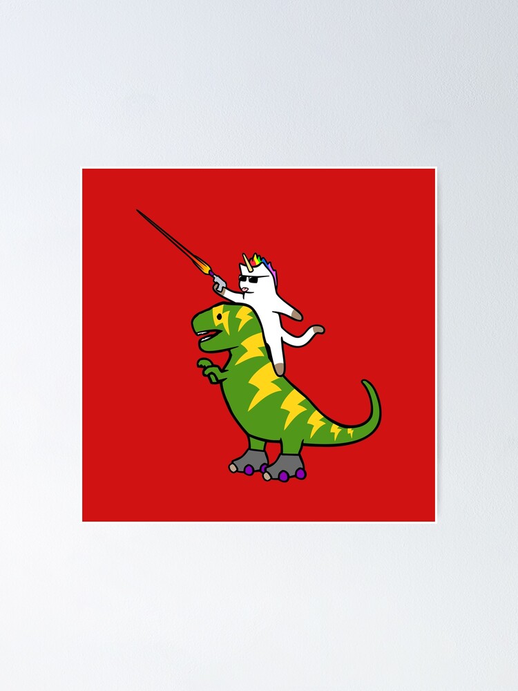 "Unicorn Cat Riding Lightning T-Rex (Red Background)" Poster for Sale ...