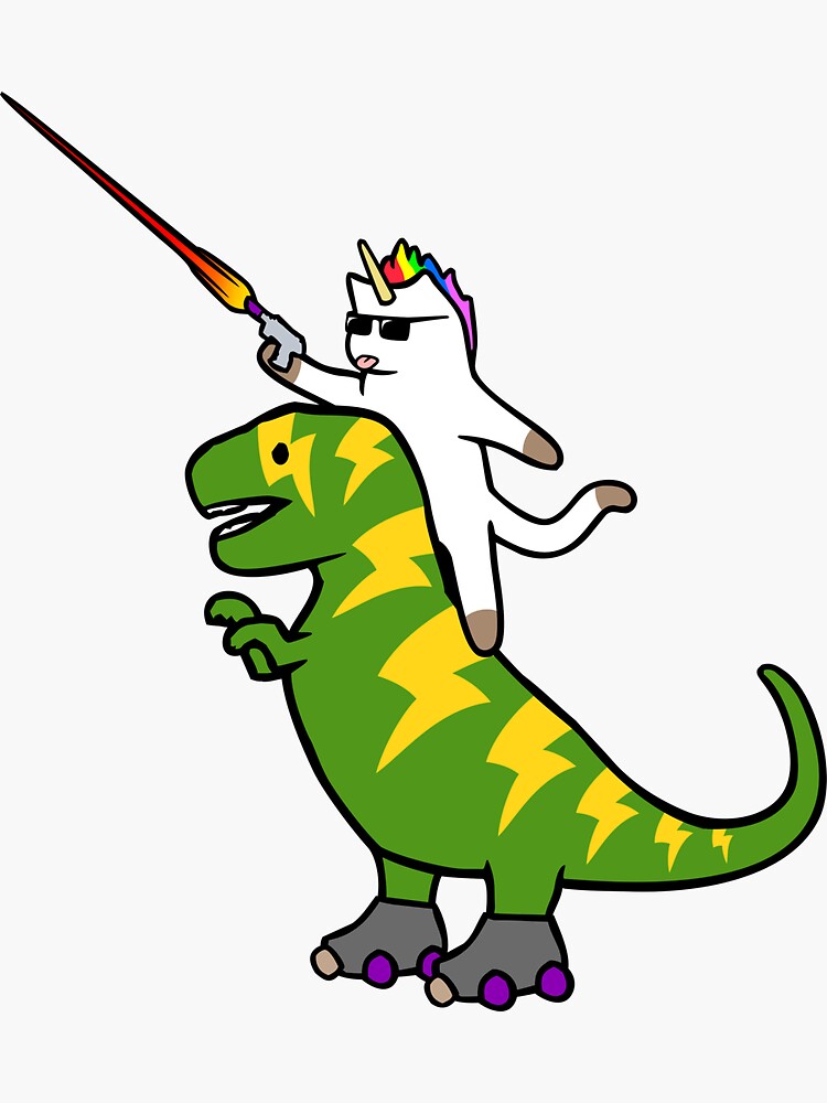 "Unicorn Cat Riding Lightning T-Rex (Red Background)" Sticker for Sale ...