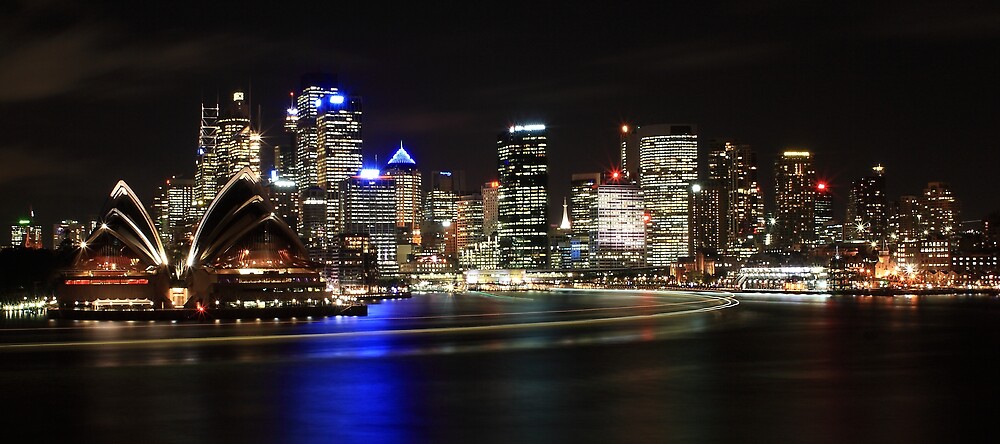 "Sydney CBD and Manly Ferry by Night" by Martin Levett | Redbubble