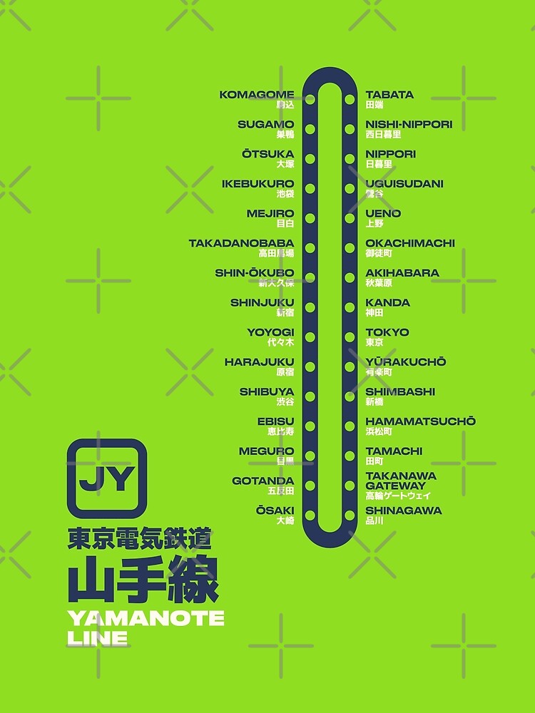 Tokyo Yamanote Line Train Station List Map Lime Premium Matte Vertical ...