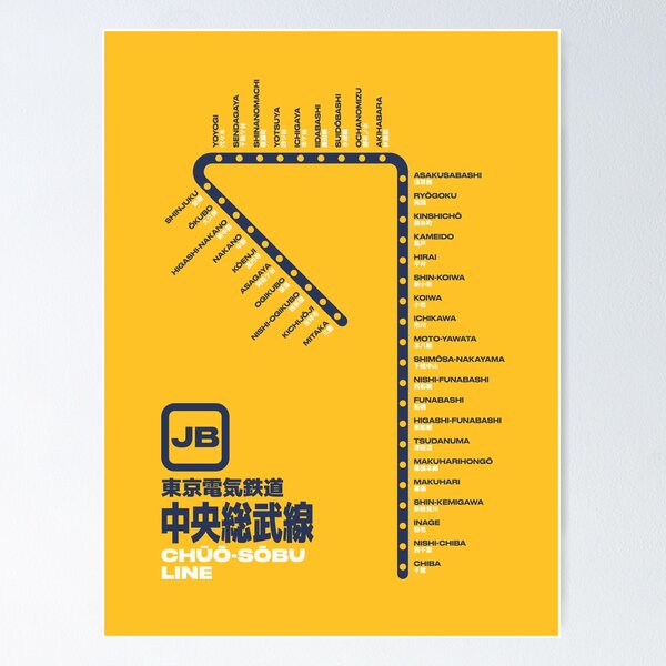 "Tokyo Chuo Sobu Line Train Station List Map Yellow" Poster for Sale by ...