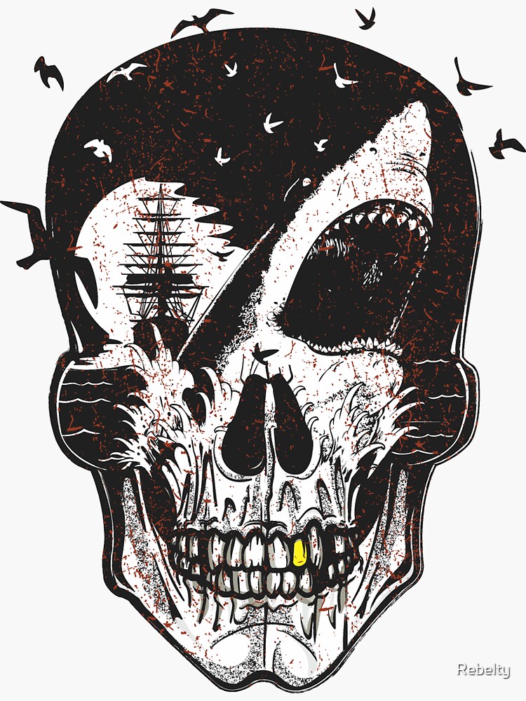 "Sharked at Sea skull T-shirt design" Sticker for Sale by Rebelty ...