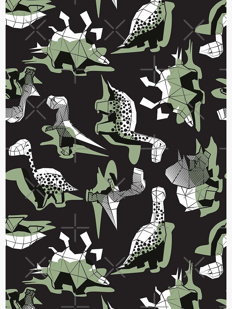 "Geometric Dinos // non directional design black background sage green ...