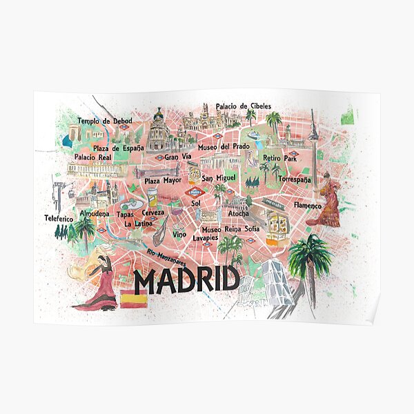 "Madrid Spain Illustrated Travel Map with Roads Landmarks and Tourist ...