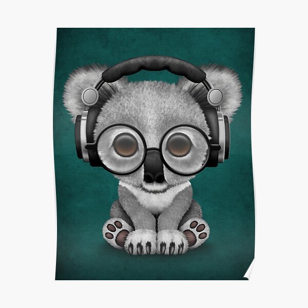 "Cute Baby Koala Bear Dj Wearing Headphones on Blue" Poster by ...