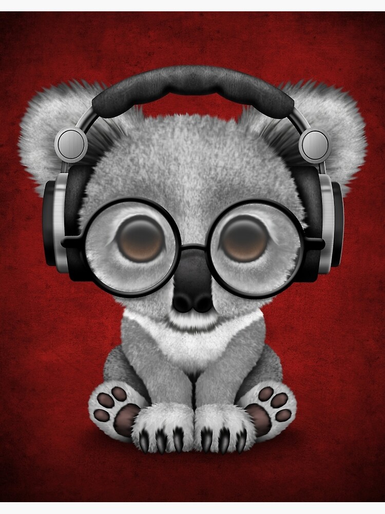 "Cute Baby Koala Bear Dj Wearing Headphones on Red" Art Print by ...