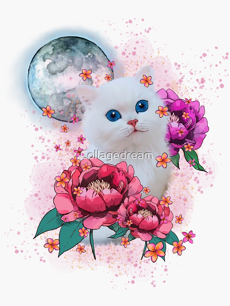 "White cat Flowers, moon watercolor tattoo" Sticker for Sale by ...