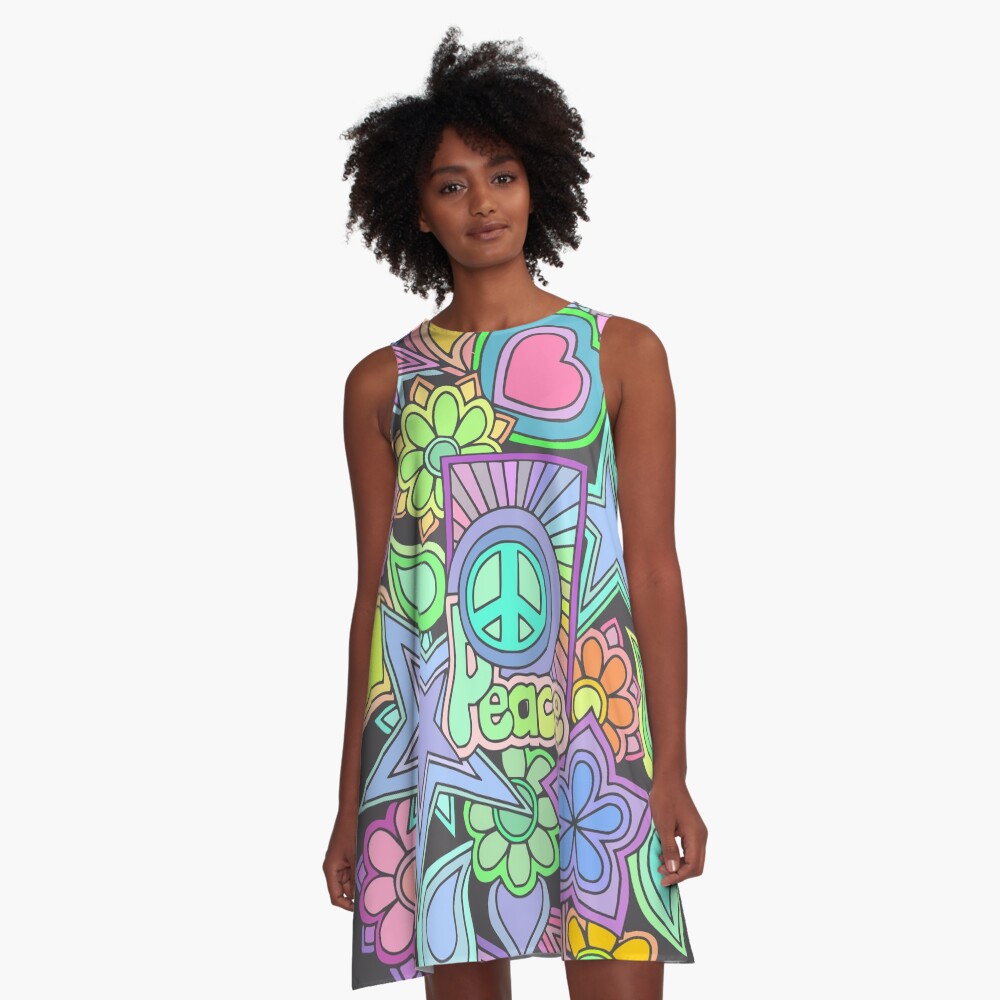 "Pretty Hippy Trippy Flower Power Retro Design" A-Line Dress for Sale ...