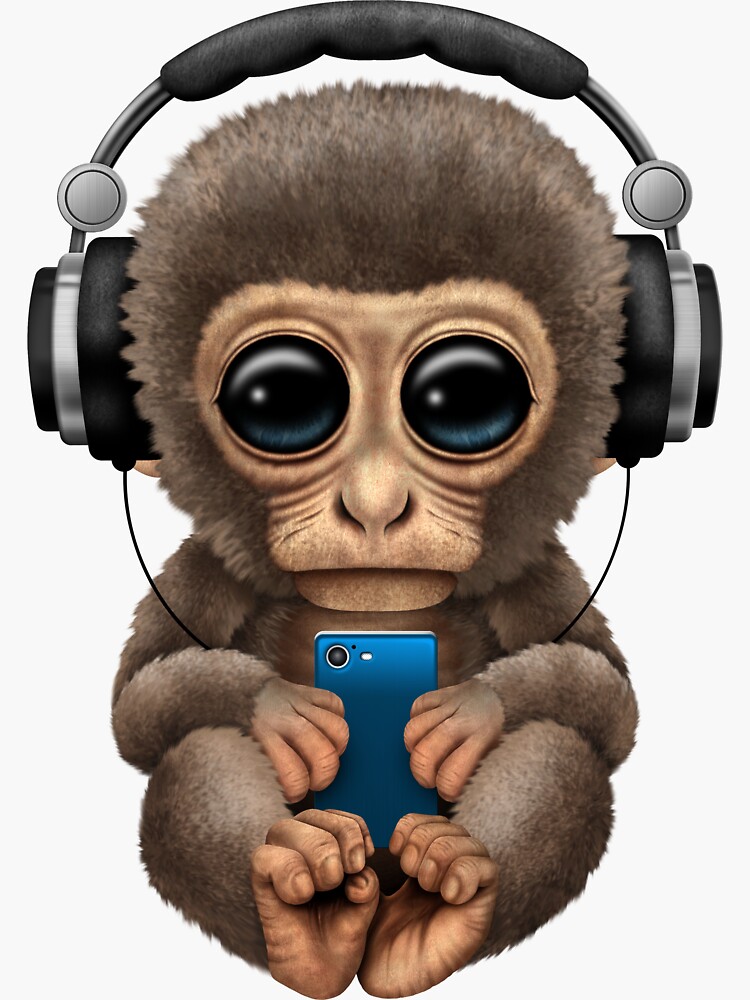 "Cute Baby Monkey With Cell Phone Wearing Headphones Blue" Sticker for ...